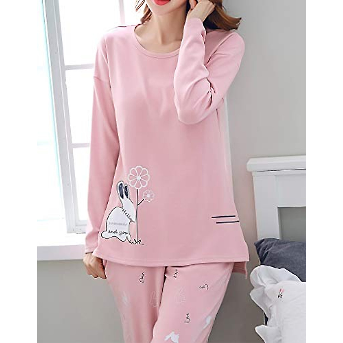 Vopmocld Young Girls Lovely Bunny Pajama Sets Cotton Long Sleeve Pjs Clothes Sleepwear Shirts, Pink, 14
