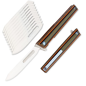 TENCHILON G37 Small Pocket Scalpel Knife, 10pcs #60 Replaceable Blades, Slender Compact Slim Gentleman's Flipper Folding Scalpel EDC Utility Knives with Blue Titanium Belt Clip