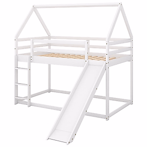 DreamBuck House Bunk Bed with Slide, Solid Wood Low Bunk Bed Twin Over Twin with Roof and Safety Guardrail, Twin Floor Bunk Bed for Kids Teens Girls Boys, No Box Spring Needed, White