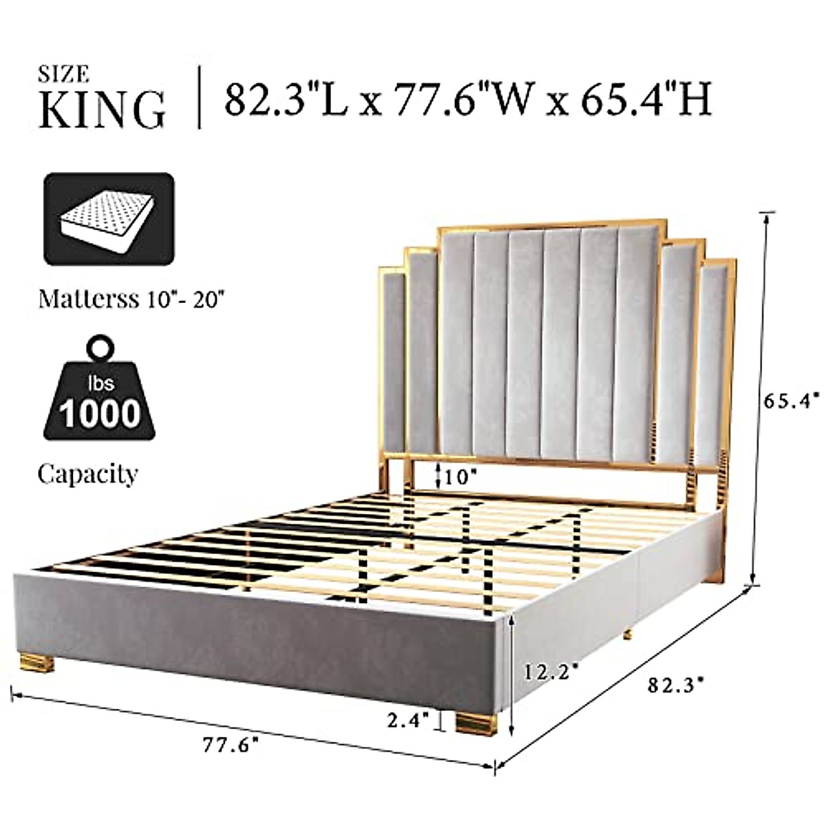 Albott King Size Platform Bed Frame, 65" Velvet Upholstered Bed with Gold Trim Headboard/Wooden Slats/No Box Spring Needed/Grey