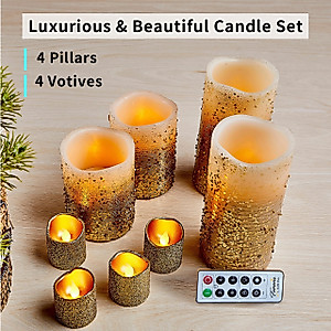 FURORA LIGHTING Gold Glitter Real Wax Candles with Remote and Timer, 4 Pillars and 4 Votives Pack of 8, LED Flameless Flickering Candles for Home Décor, Battery Included