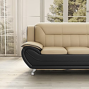 Container Furniture Direct Michael Modern Faux Leather Upholstered Stainless Steel Legs Living Room, Sofa, Black Camel