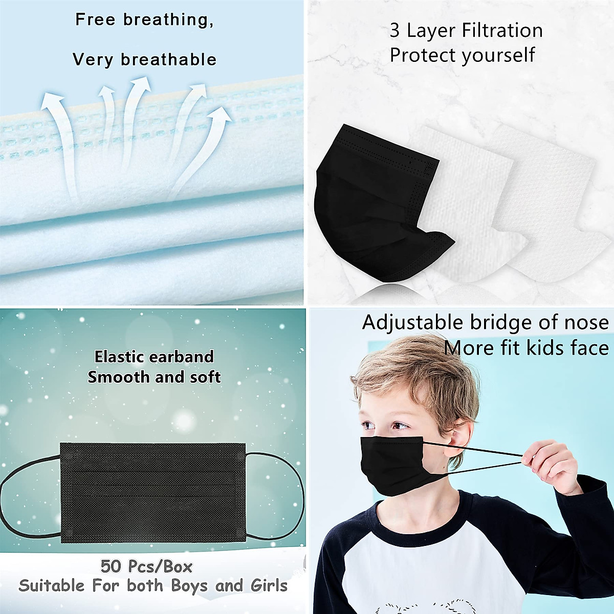 mystcare Kids Disposable Face Mask 50 Pack Ages 5-12 Filter 3-Layer Safety Face Masks for Kids Daily Use.All Metal Nose Clips(Black)