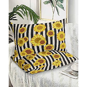 Edwiinsa Sunflower Pillow Covers Standard Size Set of 2 20x26 Bed Pillow, Summer Farmhouse Black and White Striped Plush Soft Comfort for Hair/Skin Cooling Pillowcases with Envelop Closure