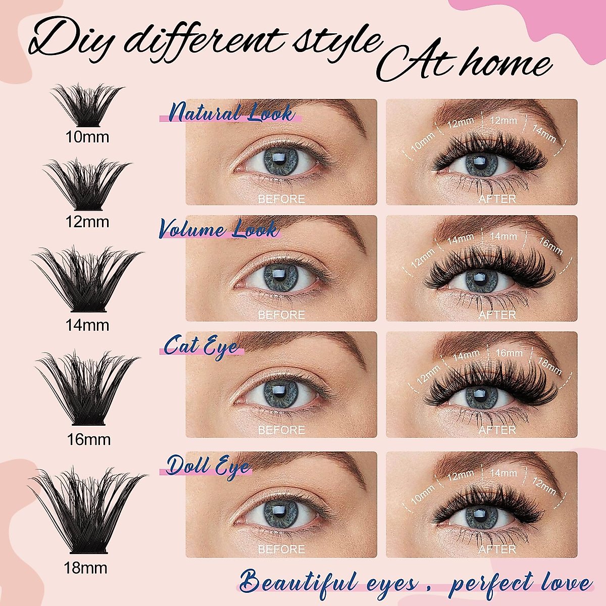Lash Clusters 144 Pcs, Crislashes Cluster Lashes D Curl 12-18mm Mixed Fluffy Eyelash Clusters Wispy Manga Lashes Look Reusable at Home Lash Extension (Fluffy,D curl 12-18mm)