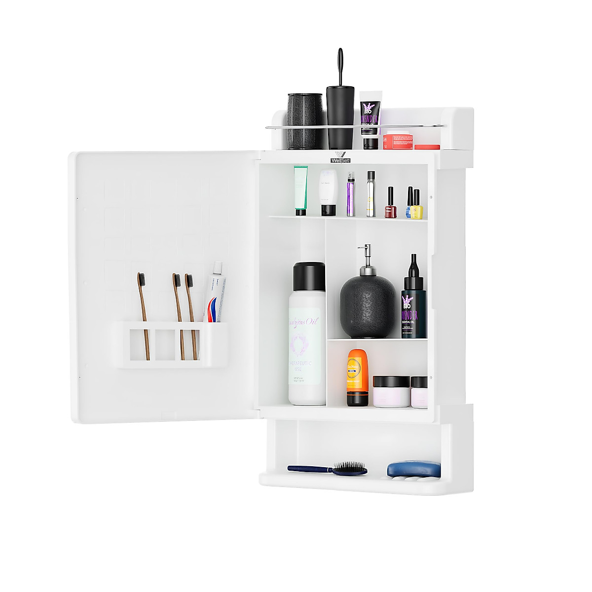 Well Set Medicine Cabinet with Mirror, Wall Mounted Bathroom Storage Cabinet Mirror Door & 2 Open Shelves, Adjustable Shelves, Mirrored Bathroom Wall Cabinet 21 x 5 x 12 Inches