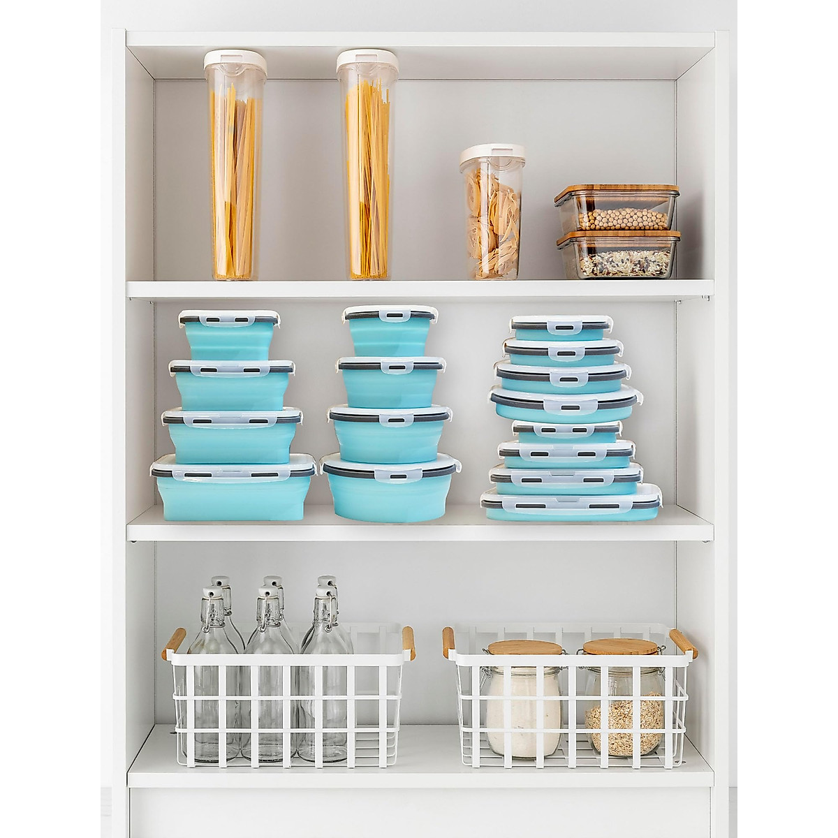 Lunememo 16 Pack Collapsible Silicone Food Storage Containers with Lids, Freezer & Dishwasher Safe, Foldable Lunch Box for Camper, Leftovers, Snacks, Meals, Blue