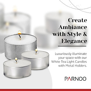 PARNOO White Tea Light Candles, 250 Pcs – 6-Hour Long Burn Time Small Candles, No Soot, Unscented with Cotton Wick in Metal Cups – Bulk Pack of Candles for Romantic Dinners, Weddings, Spas, & Hotels