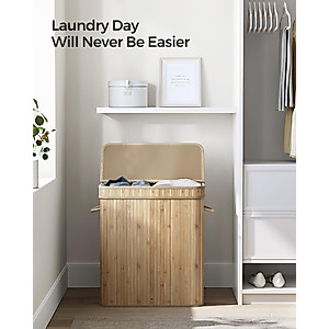 SONGMICS Laundry Hamper with Lid, Bamboo Laundry Basket, Removable Machine Washable Laundry Basket, with Handles, 26.4-Gallons, for Laundry Room, Bedroom, Bathroom, Natural Beige ULCB063N01