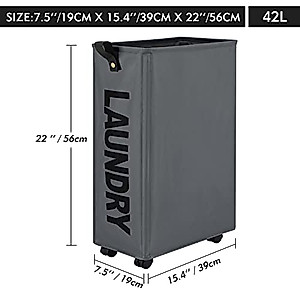 DOKEHOM 22-Inches Slim Laundry Basket on Wheels, Collapsible Rolling Laundry Hamper, Foldable Narrow Corner Clothes Storage Bins (Dark Grey)