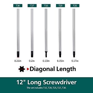 Extra Long Torx Screwdrivers Set, 5pcs 12in Magnetic Torx Screwdrivers Set, T15 - T30 (T15,T20,T25,T27,T30) Magnetic Torx Driver Star Screwdrivers Set, Long Long star Screwdrivers Set