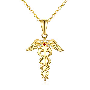 WSX Real 14k Yellow Gold Registered Nurse Necklace for Women RN Caduceus Pendant Medical Symbol Charm Fine Jewelry Gifts for Her
