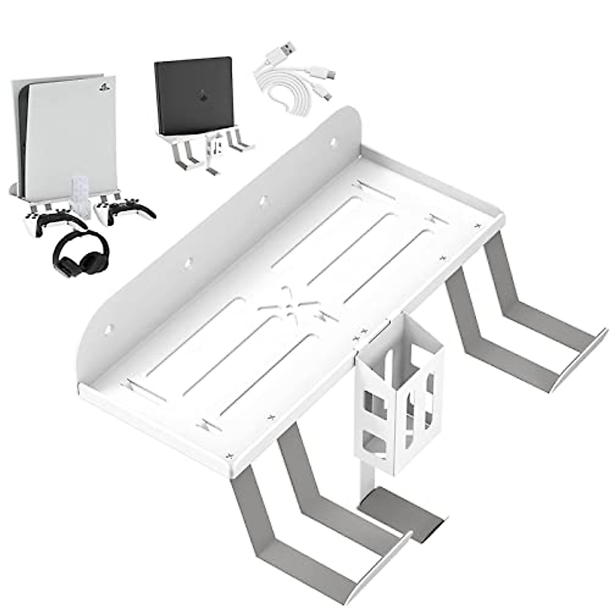 BELOPERA Ps5/Ps4 Wall Mount kit, 6-in-1 PS5 (Disc and Digital) Metal Wall Mount Stand with 2 Detachable Controller Hanging Bracket/Headset Hanger/Remote Box/Charging Cable – White