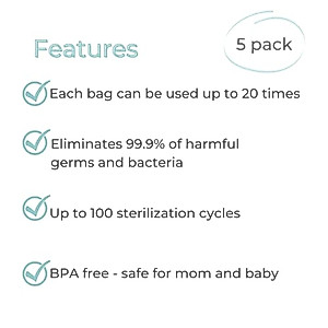 Zomee Microwave Steam Sterilizer Bags | Eliminates 99.9% of Germs and Bacteria | Disinfects Most Zomee Breast Pump Accessories | 5 Bags | Reusable for Up to 100 Sterilization Cycles