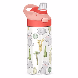 ALAZA Cute Cactus Hippo Kids Water Bottles with Lids Straw Insulated Stainless Steel Water Bottles Double Walled Leakproof Tumbler Travel Cup for Girls Boys Toddlers 12 oz / 350 ml,Pink