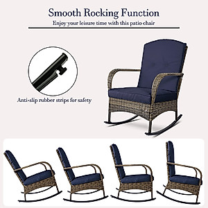 MAXPRIME 3 Pieces Outdoor Wicker Rocking Chairs, Patio Rocking Chairs Set of 2 with Cushions, 3 Piece Patio Set, Outdoor Patio Furniture for Porch, Backyard, Bistro, Blue