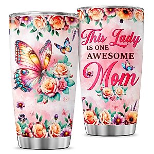 JENOIS Lady Mom Butterfly, Mothers Funny Coffee Floral Day Flower Handle Tumblers Mama Cups Mother For Women Insulated, Tumbler 20 Oz With Lid And Straw, Mom Gifts