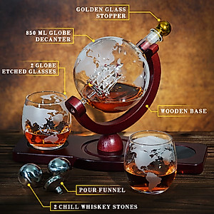 Whiskey Stone Gifts + Whiskey Decanter Globe Set with Ball Stones & Glasses, Gifts for Dad Men Husband, Christmas Stocking Stuffers, Anniversary Birthday Gifts