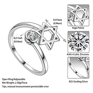 Star of David Ring Adjustable Women Men 925 Sterling Silver Magen David Star Round Zircon Solitaire Ring Judaic Star Of David Jewelry Gift for Mom Wife FR0020W
