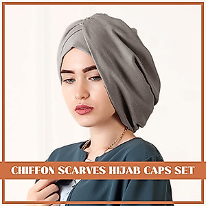 4 Pcs Women Chiffon Scarves 4 Pcs Hijab Caps Long Shawl Soft Wrap Scarves Islamic Muslim Underscarf Turban Caps Sleep Hats (Retro Colors)