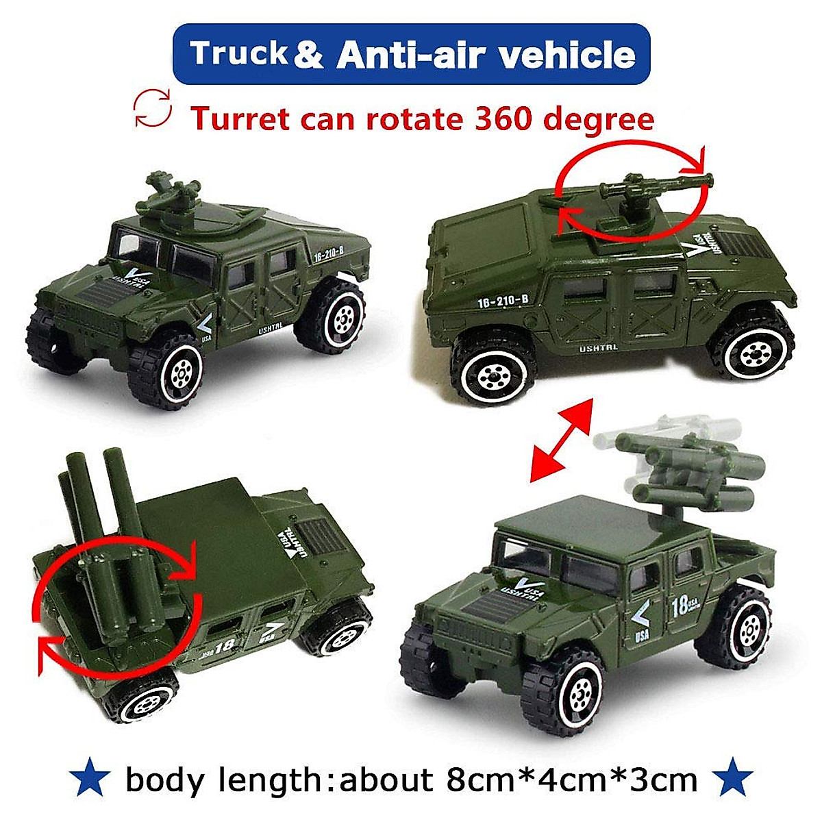 JQGT Diecast Military Vehicles Army Toy 6 in 1 Assorted Metal Model Cars Fighter Tank Attack Helicopter Panzer Playset for Kids Toddlers