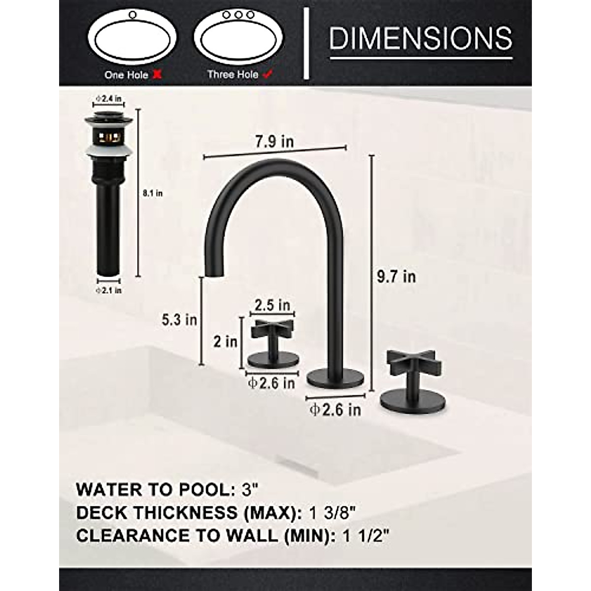 Matte Black Bathroom Faucet, Indare 8-inch Brass Widespread Faucet for Bathroom Sink 3 Holes with Pop-up Drain Assembly and Supply Lines Preassembled, 110101-PB