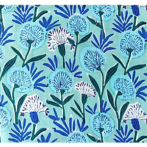 Craftbot Hand Block Print Fabric by The Yard - PRECUT 1 Yard 42 Inch Width - 100% Cotton Material - Aqua and Blue Floral Pattern - Light Weight Indian Cloth for Making Summer Dress Tops Project etc