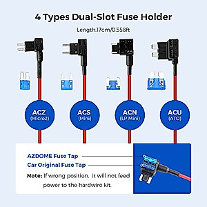 AZDOME Micro USB Port 3-Lead Acc Hardwire Kit for M300S Dash Cam, 12ft with Fuse Kit, for Dash Camera 24H Parking Monitor Mode, Converts 12V-24V to Output 5V/2.5A Max JYX04