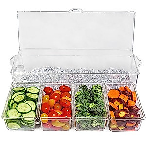 Ice Chilled 4 Compartment Condiment Server Caddy - Serving Tray Container with 4 Removable Dishes and Hinged Lid | 3 Serving Spoons + 3 Tongs Included