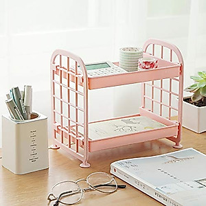 UnnFiko 2-Layers Table Shelf Organizer, Adjustable Plastic Storage Rack Shelf Square Basket Desk Stand Table Storage Organizer Shelves (Pink)