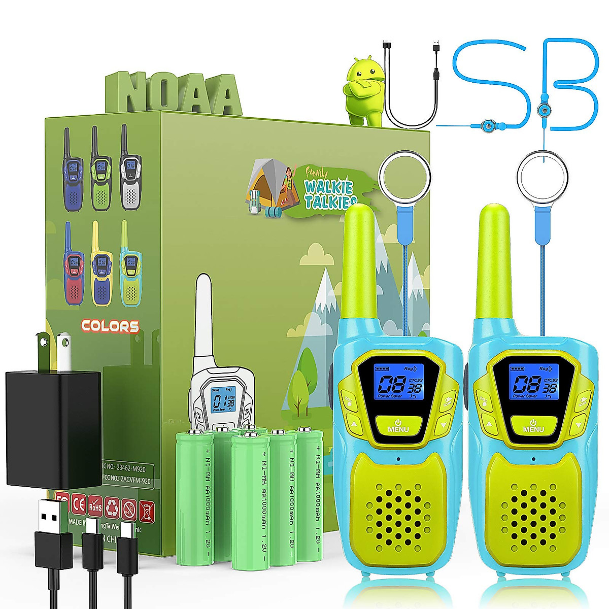 Topsung Walkie Talkies for Kids Adults Long Range Rechargeable 2 Pack, USB Walkie Talkies for Teen Girls Boys Age 3-12, NOAA 2 Way Radio Walkie Talkies for Family Camping Hiking Boating Fishing