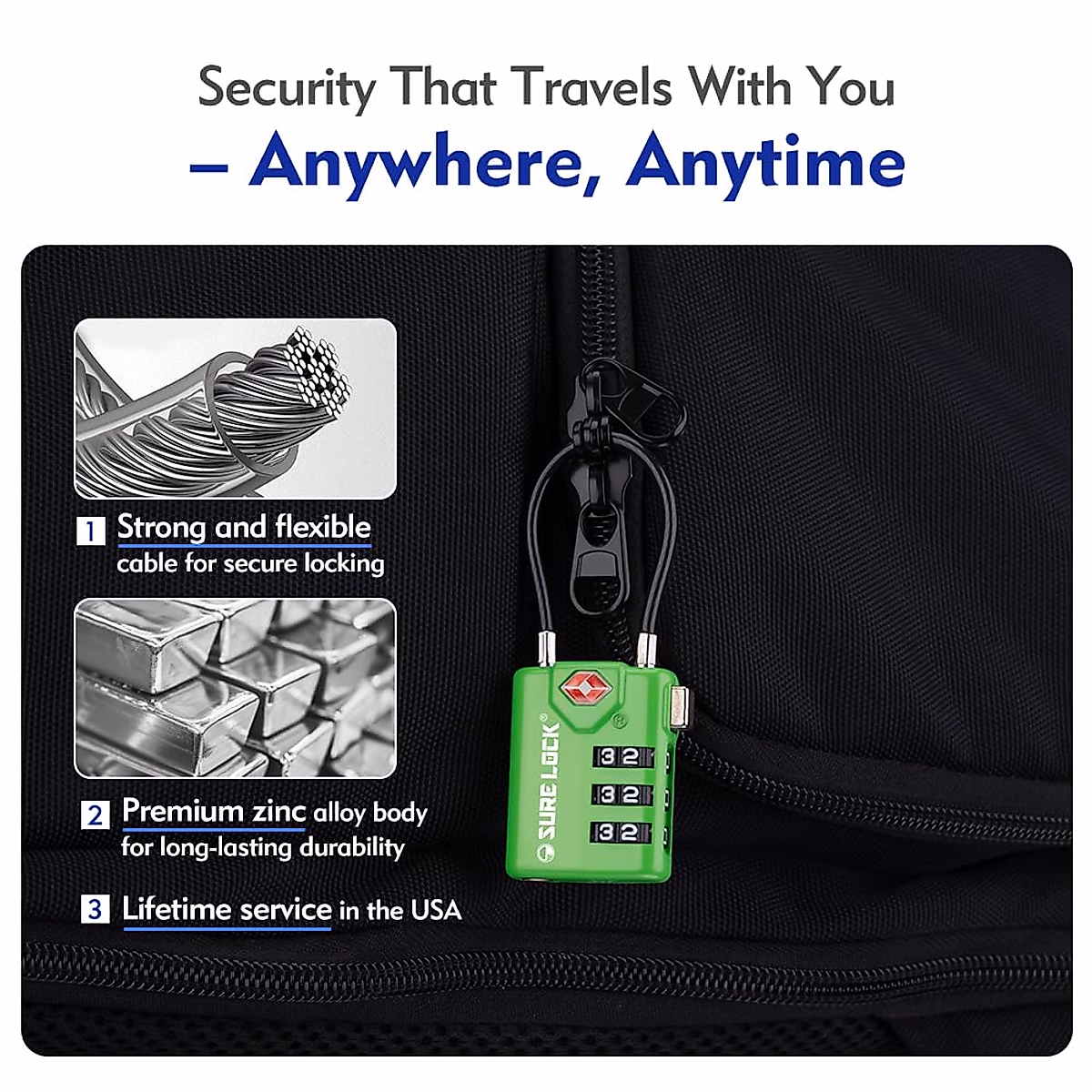 SURE LOCK TSA Compatible Travel Luggage Locks, Inspection Indicator, Easy Read Dials TSA Approved with Zinc Alloy