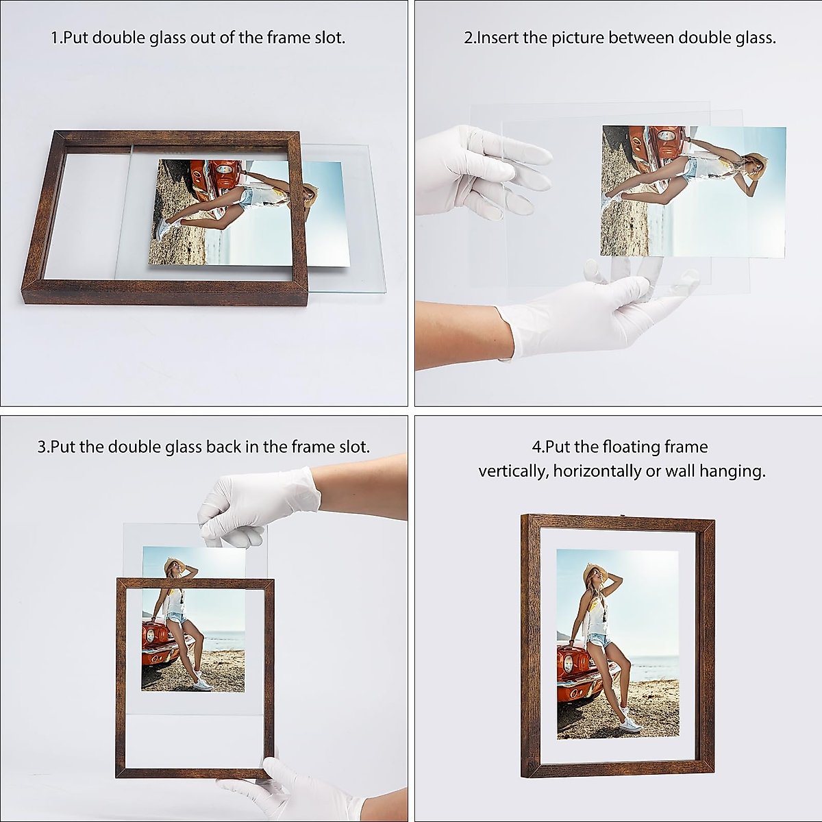 Trwcrt 5x7 Picture Frame Set of 4, Double Glass Floating Picture Frames Display up to 7 x 9 photos for Tabletop or Wall Hanging, Brown
