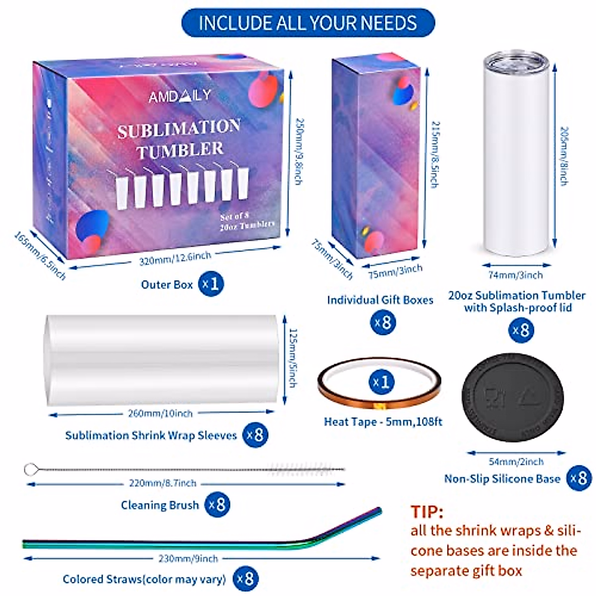 Sublimation Tumblers, 8Pack 20 oz Straight Skinny Sublimation Tumbler Blank Double Wall Insulated Tumbler w/ Lids, Straws, DIY Stickers, Heat Tape, Shrink Wrap, Individually Boxed for Heat Transfer