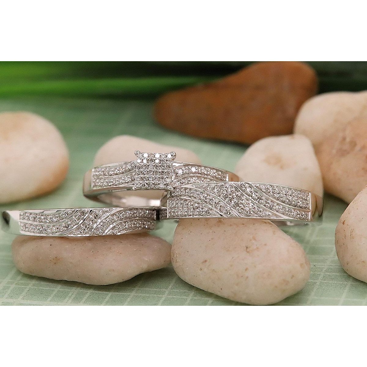 Dazzlingrock Collection 0.42 Carat (ctw) Round White Diamond Men & Women's Engagement Ring Trio Bridal Set, Sterling Silver