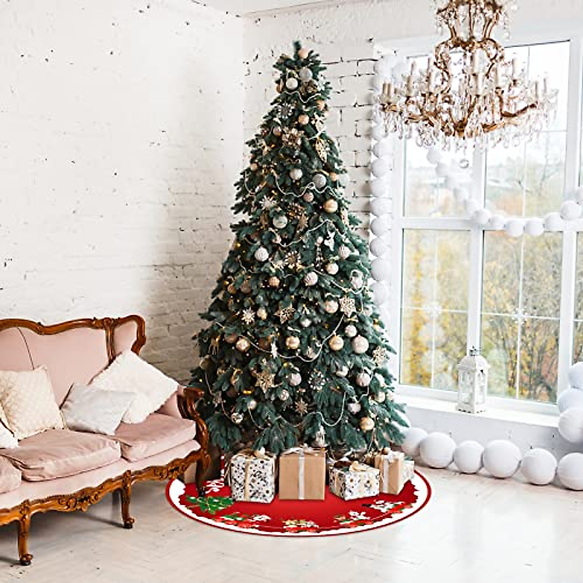 Skycase Christmas Tree Skirt,48 Inch Xmas Tree Skirts Mat,Large Christmas Tree Mat with Snowman Xmas Tree Pattern,Farmhouse Tree Mat Ornaments for Decorations Holiday Party.