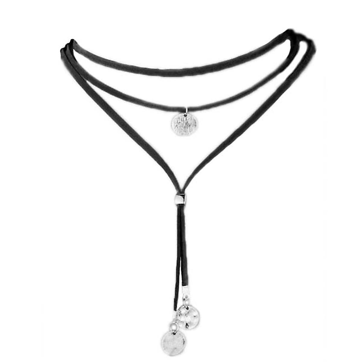 LARVOVUE Boho Black Velvet Choker Necklace for Women Gothic Silver Coin Pendant Layered Long Jewelry (Black)