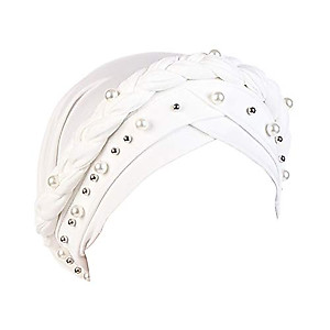 Fxhixiy Women Hijab Beading Pearl Braid Turban Hat Head Scarf Cancer Chemo Beanies Bandana Headwrap Cap (White)