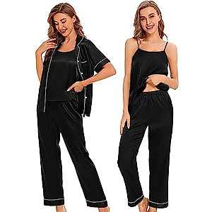 SWOMOG 4 Pcs Silk Pajamas for Women Shorts Set Satin Sleepwear Sexy Cami Pants Button-down Shorts Shirt Pjs Set Lounge Wear Black