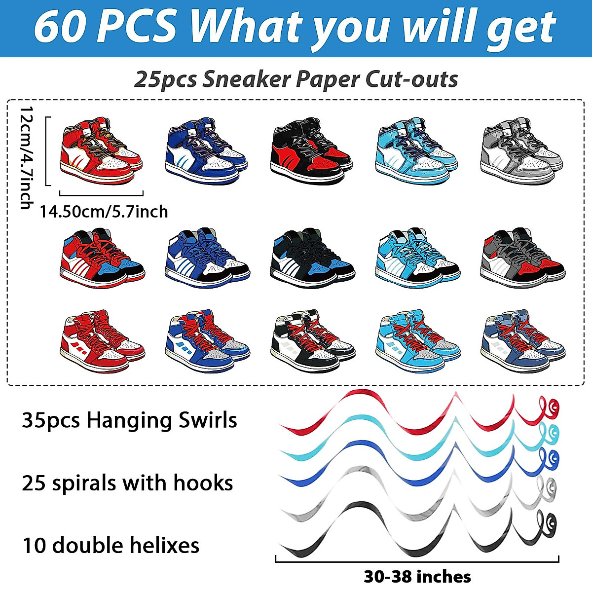 CHUNNIN 60PCS Sneaker Birthday Party Hanging Swirls for Sports Themed Party Decoration Basketball Sneaker Tennis Shoe Birthday Party Ceiling Streamers for Kids Birthday Baby Shower Party Supplies