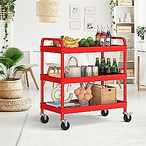 Goplus Service Cart, Heavy Duty 3-Tier Utility Cart with Flat Handle, 2 Lockable Universal Wheel, 400 lbs Capacity, Rolling Tool Cart for Garage, Kitchen, Hotel, Office, Workshop, Restaurant