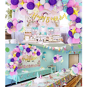 Amandir 140Pcs Unicorn Birthday Balloons Arch Garland Kit, Confetti Latex Foil Purple Pink Balloons Happy Birthday Banner Tassels for Unicorn Birthday Decorations for Girls Party Supplies