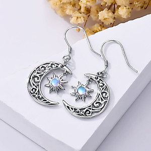SEIYANG Sun and Moon Earrings with Moonstone, 925 Sterling Silver Filigree Crescent Moon Dangle Drop Earrings for Women Drop Earrings Hypoallergenic Earrings Filigree Jewelry Gifts for Women