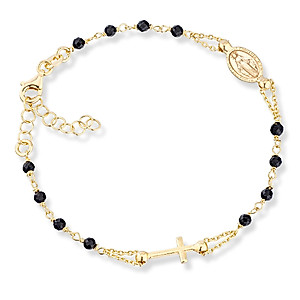 Miabella 18K Gold Over 925 Sterling Silver Italian Natural Black Spinel Rosary Cross Charm Bead Bracelet for Women, Adjustable Link Chain 6 to 8 Inch Handmade in Italy (6" to 7")