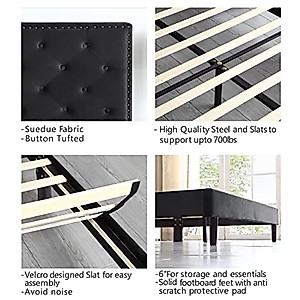 King Upholstered Platform Bed Frame with 48" Tall Adjustable Headboard - Button Tufted Suede Velour Bed- Wood Slat Support with Storage Space- No Box Spring Needed - Black - OLIVER & SMITH - Princeton