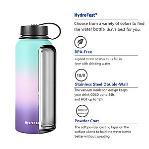 HydroFest Insulated Water Bottles,32 Ounce Water Bottle w/Straw lid, Spout Lid & Flex Cap, Wide Mouth Double Wall Vacuum Insulated 18/8 Stainless Steel Leakproof Water Flask (Hydrangea)