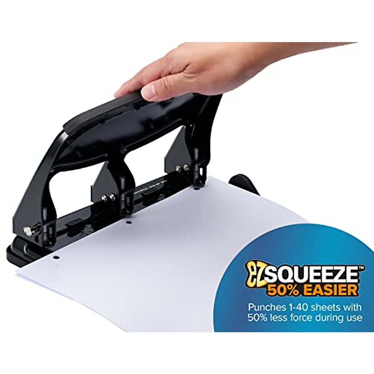 Bostitch Office EZ Squeeze 40 Sheet 3-Hole Punch, Heavy Duty, Black