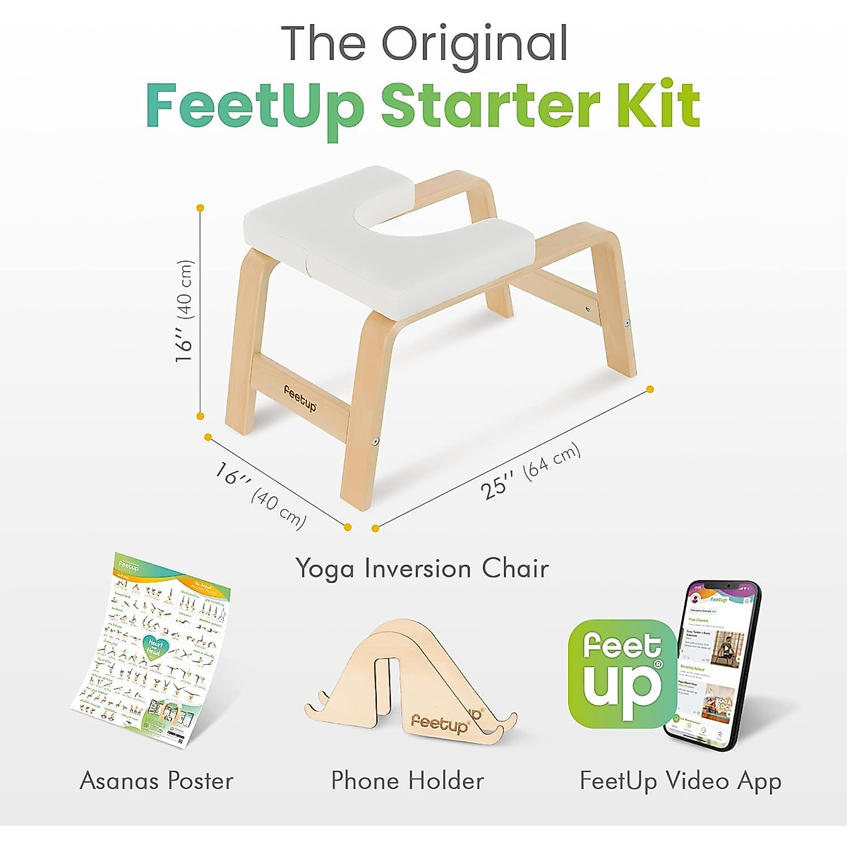 FeetUp - The Original Yoga Headstand Bench, Vegan Handstand Trainer Bench and Stand, Strength Training Inversion Equipment for Relaxation & Strength, Includes App & Starter Kit, Classic, White