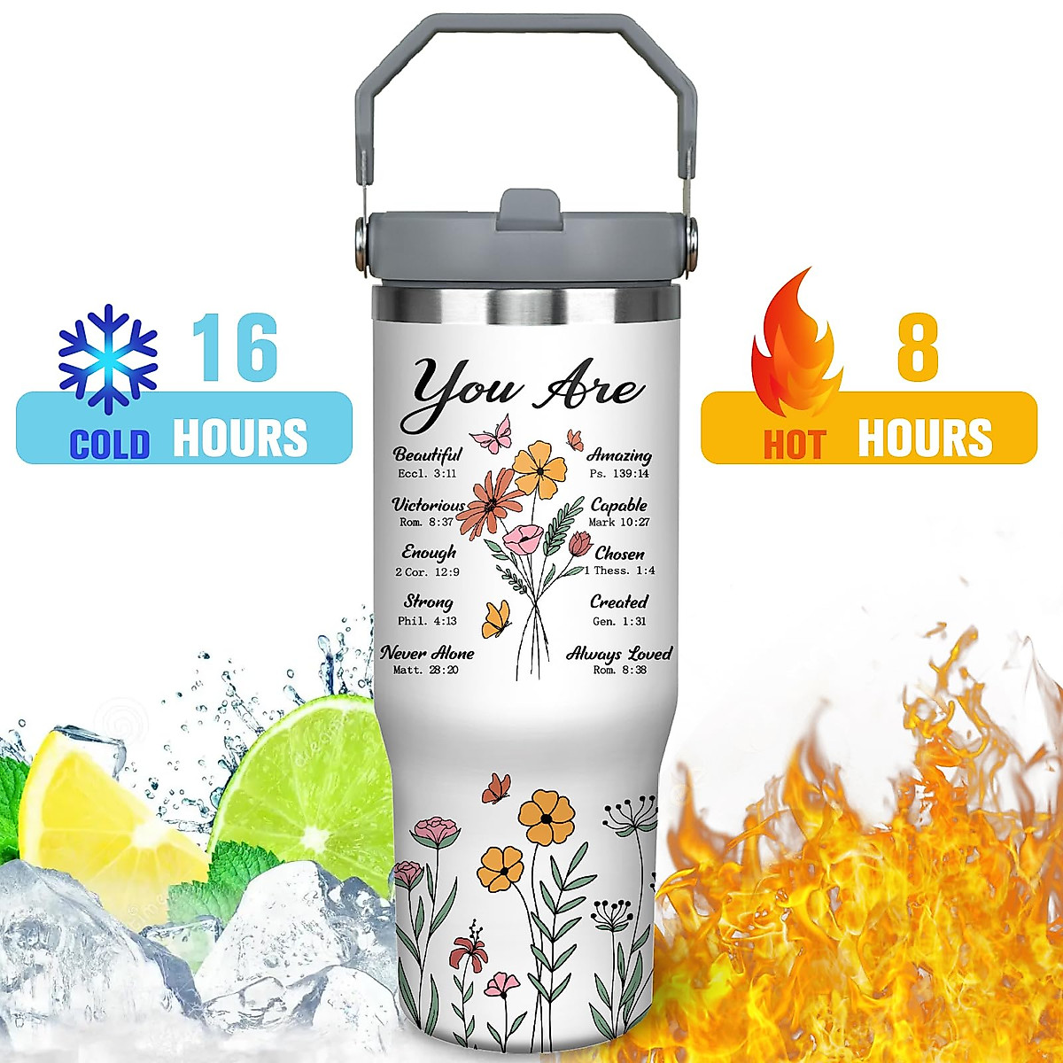 soeufnwhf Christian Gifts for Women, Inspirational Religious Gifts, Floral 30 oz Christian Tumbler with Handle Stainless Steel Insulated Bible Faith Cups Mugs Water Bottle