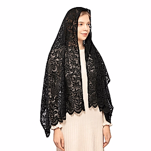 Wgior Rectangular Chapel Veil Scarf Catholic Church Veils Mantilla Wrap Shawl Mass Head Covering (Black)